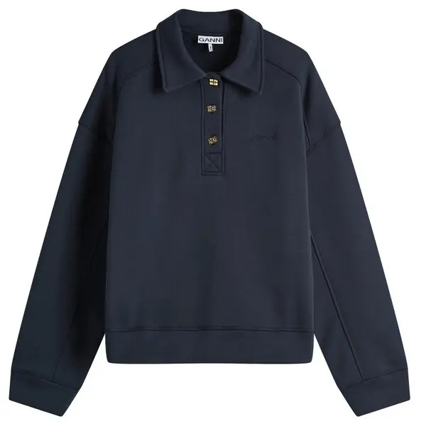 Ganni Heavy Fleece Drop Shoulder Polo In Sky Captain - 70% Off